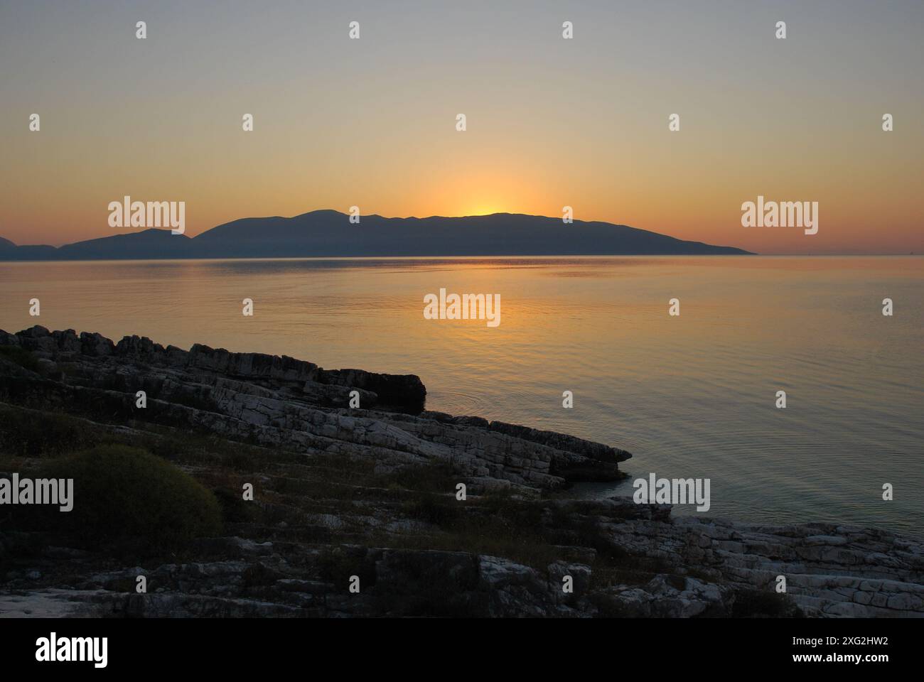 Sunrise on Itaka island from Sami, Kefalonia Island, Ionian sea, Greece ...