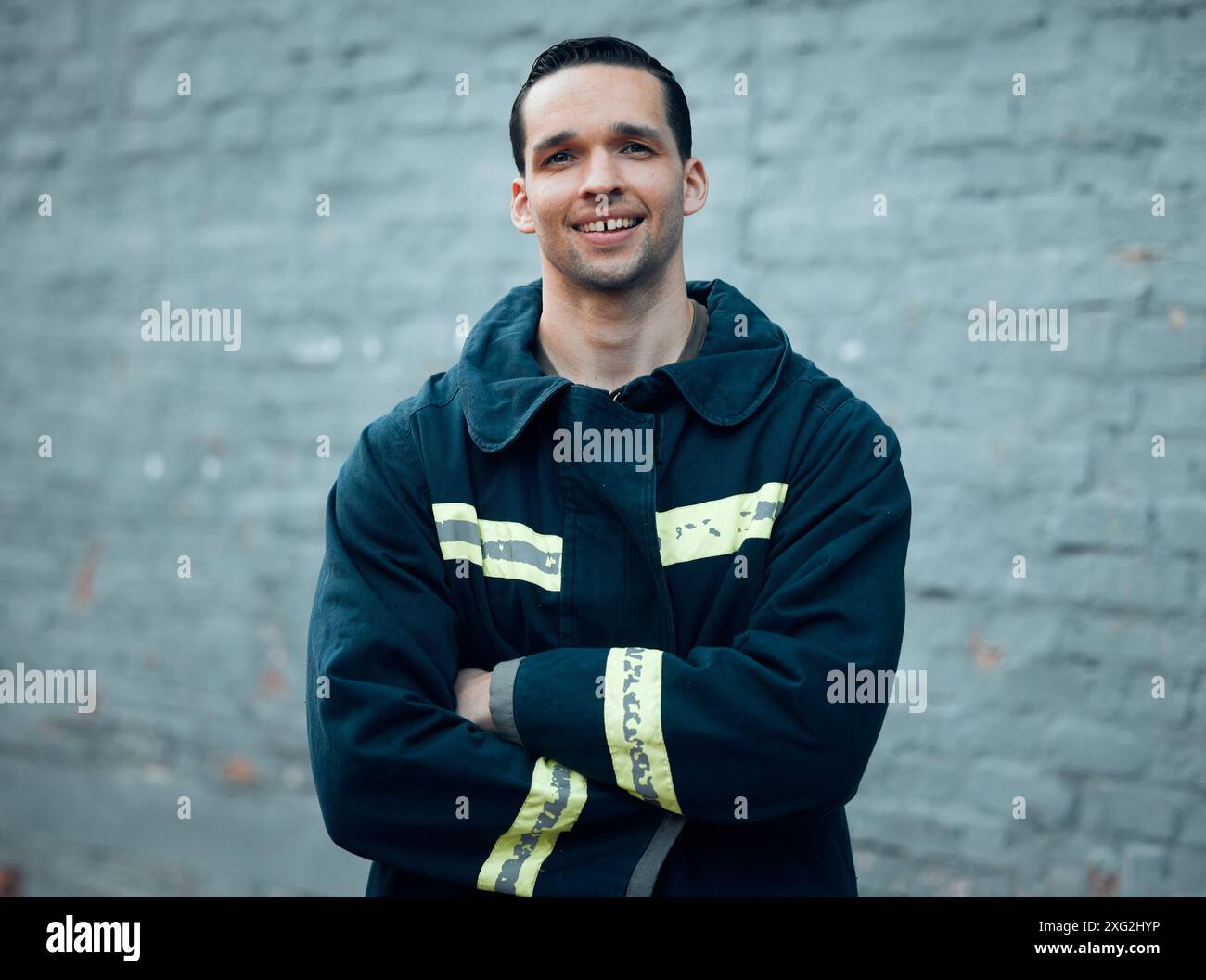 Fireman, arms crossed and happy for portrait in city with safety ...