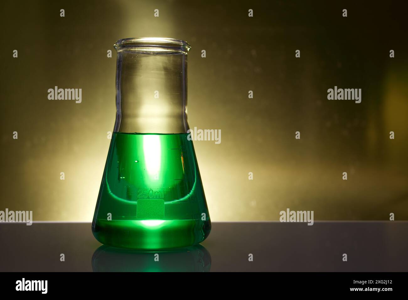 Close up of a glass beaker with green liquid standing on a laboratory ...