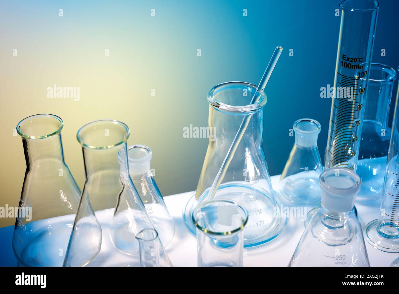 Close up of a glass bottles standing on a laboratory countertop and ...