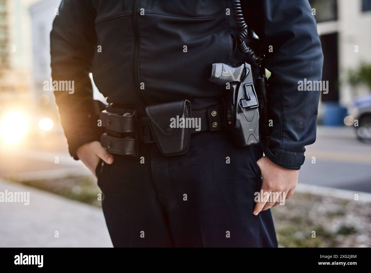 City, police officer and hands of person with uniform for crime watch ...