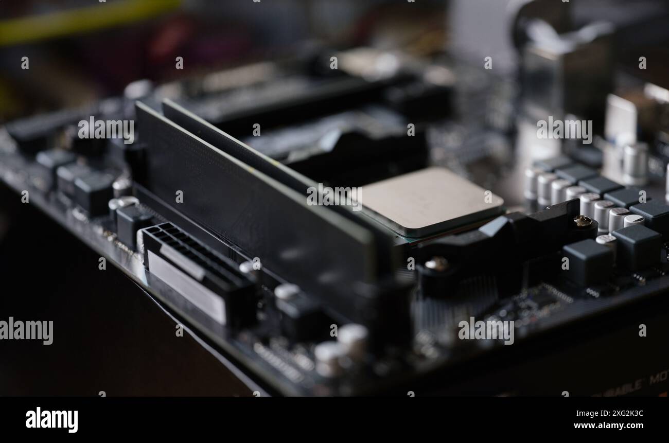 Tiny silver detail in computer processor, computer motherboard with all ...