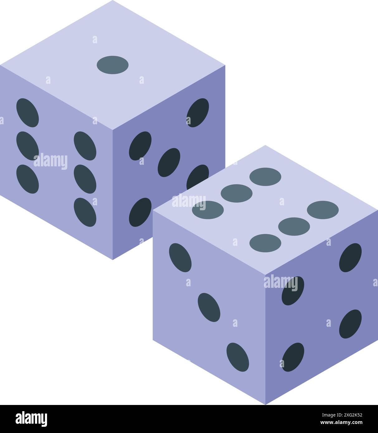 Two purple dice are rolling showing different numbers on each cube ...