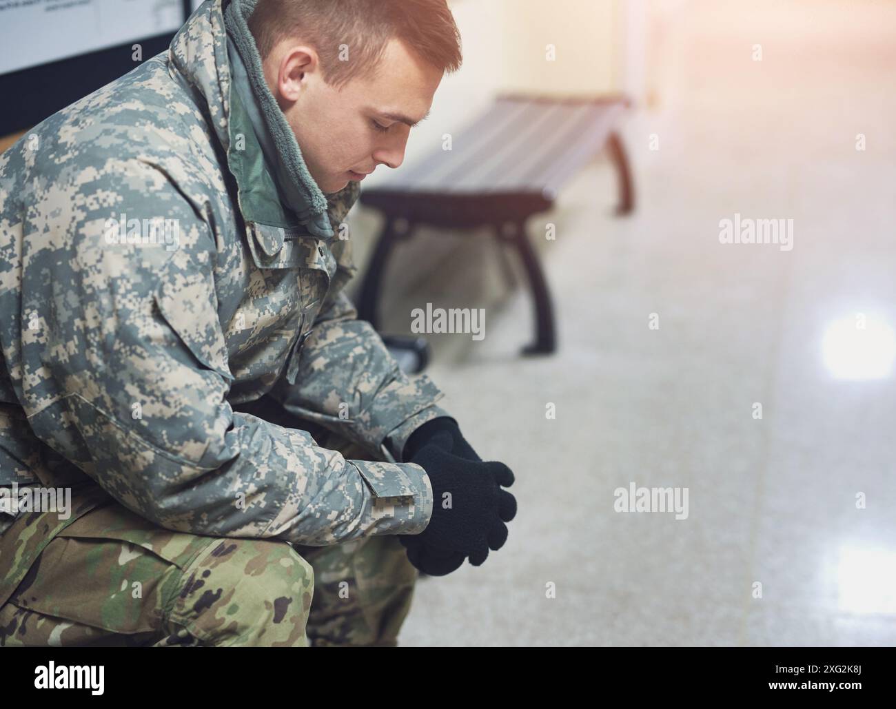 Soldier man, sad and thinking with mental health, reflection or memory ...