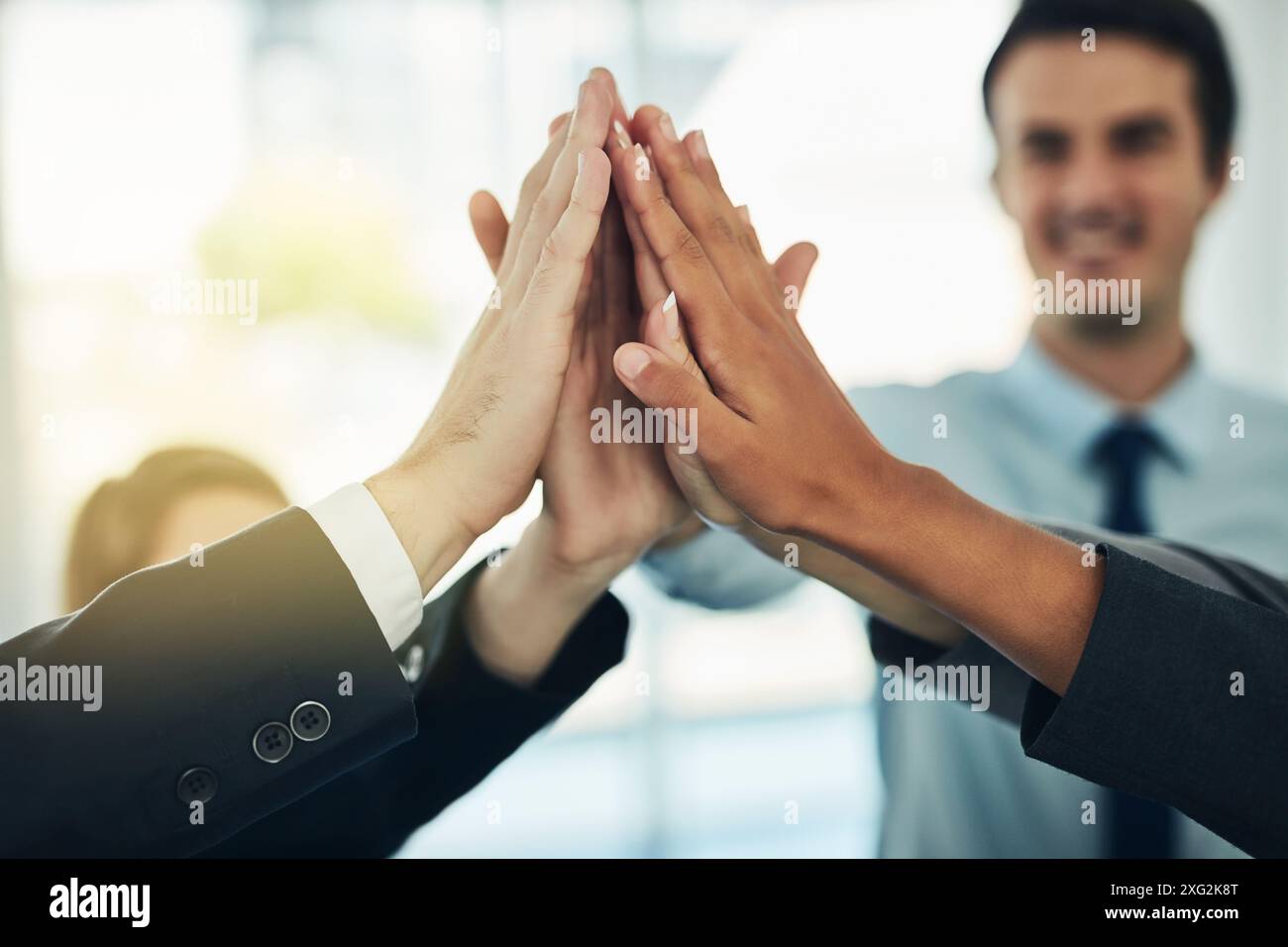 Business people, team and high five for success, winning and synergy in office. Group ...