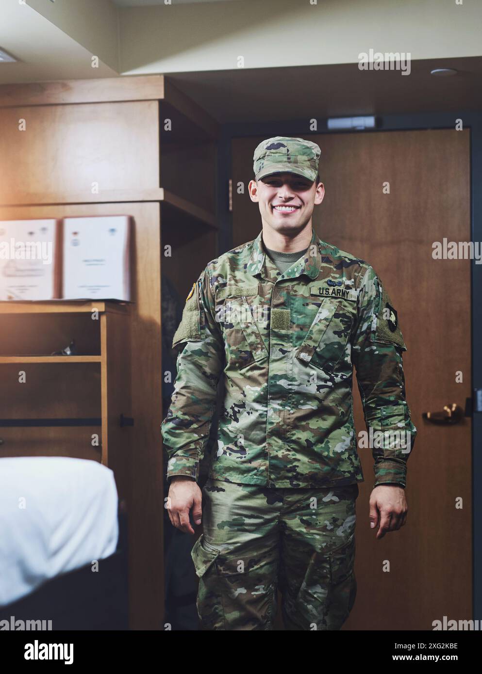 Soldier man, smile and portrait in uniform with pride, service and ...