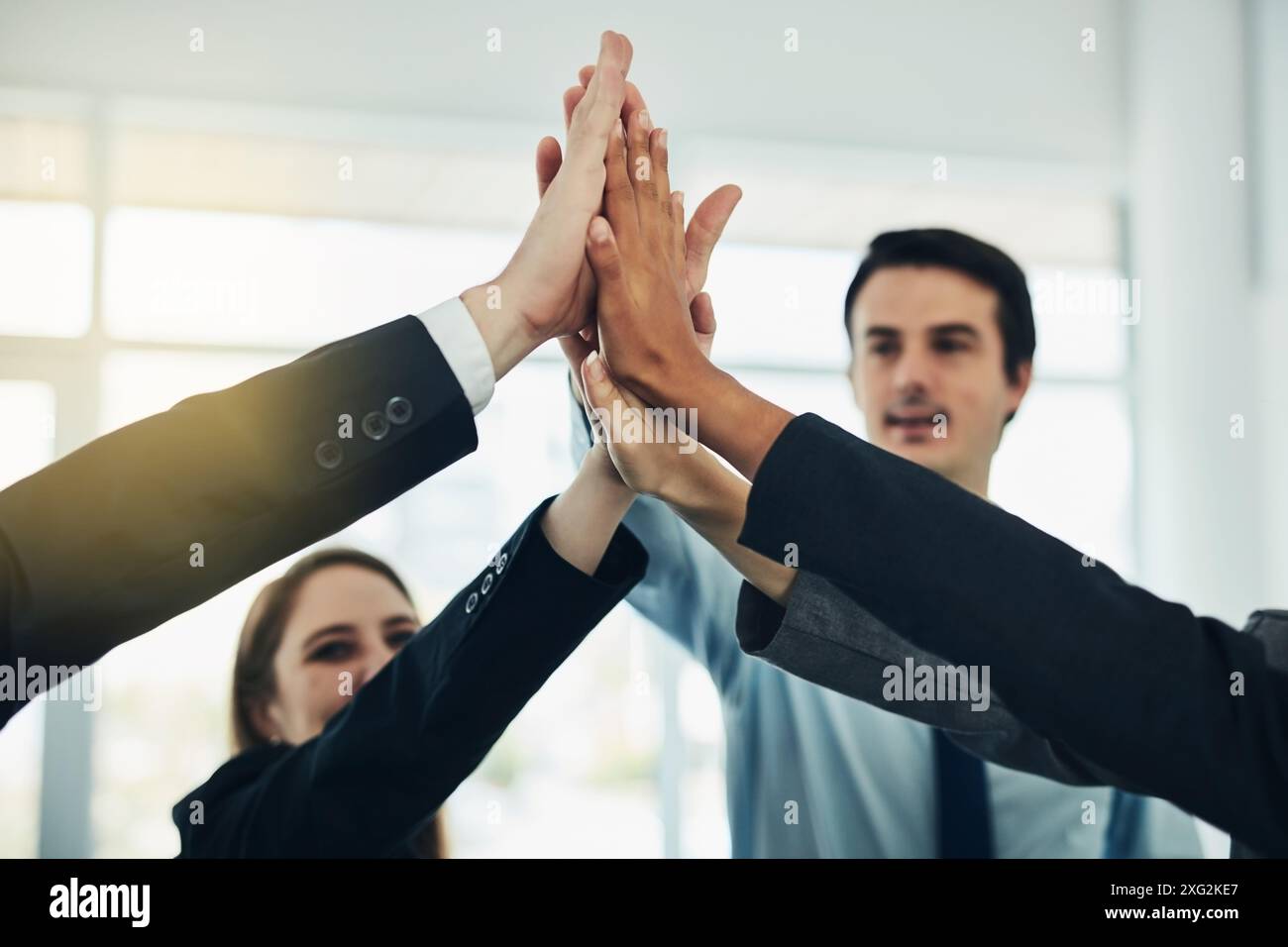 Business people, teamwork and high five for success, celebration or ...