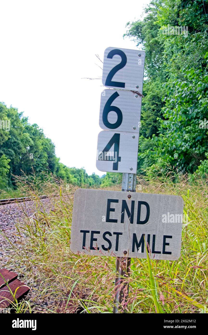 Mile Marker on rail line with End Test Mile sign Stock Photo - Alamy