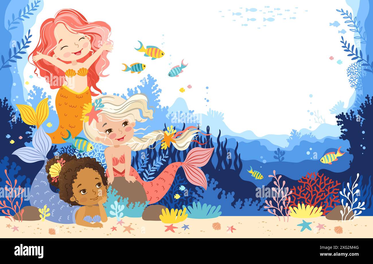 Hand drawn vector illustration of a cute mermaids. Cartoon background ...