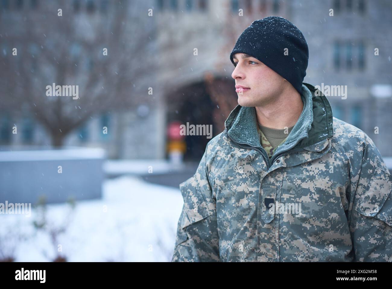 Man, army and soldier in uniform for duty, pride and respect in USA ...
