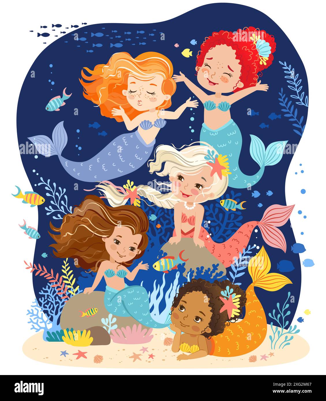 Hand drawn vector illustration of a cute mermaids. Cartoon background ...