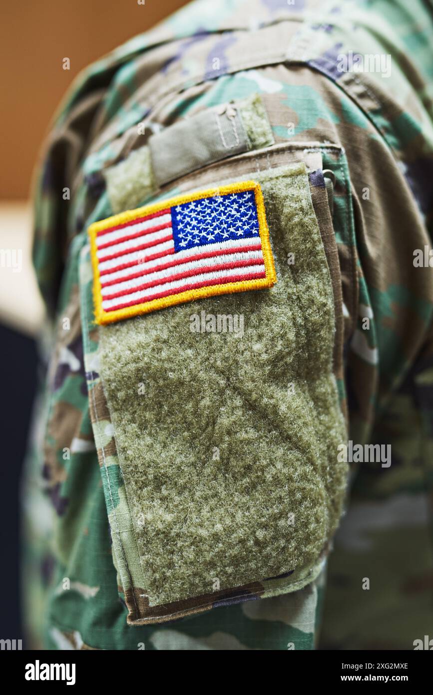 Soldier, person and clothes with USA flag, patch or ready on Independence Day parade with pride ...
