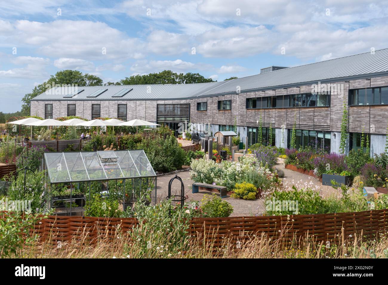 RHS Garden Wisley, view of the world food garden and RHS Hilltop ...