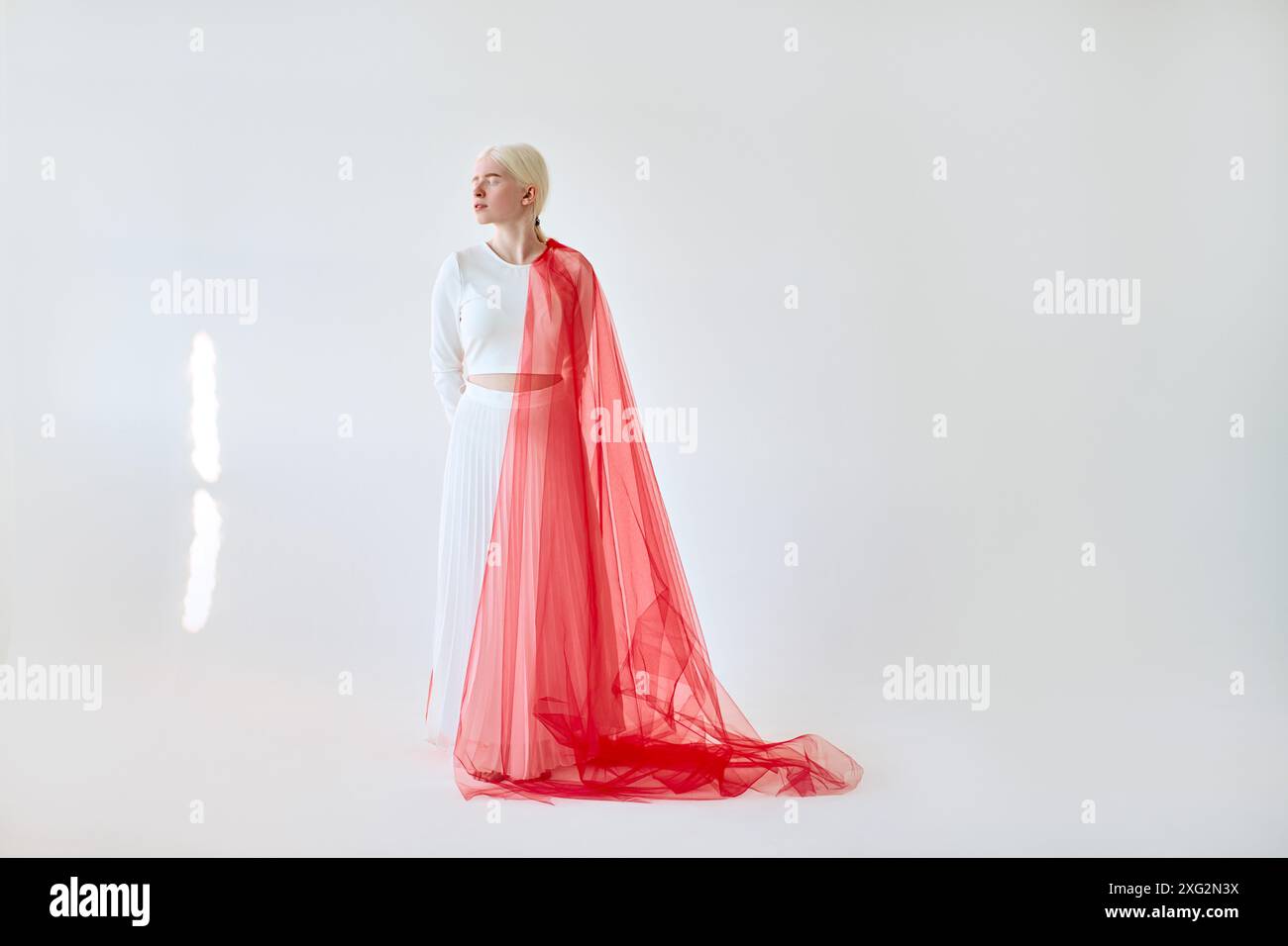 Inclusive albino woman covered with red veil isolated on white. Full ...