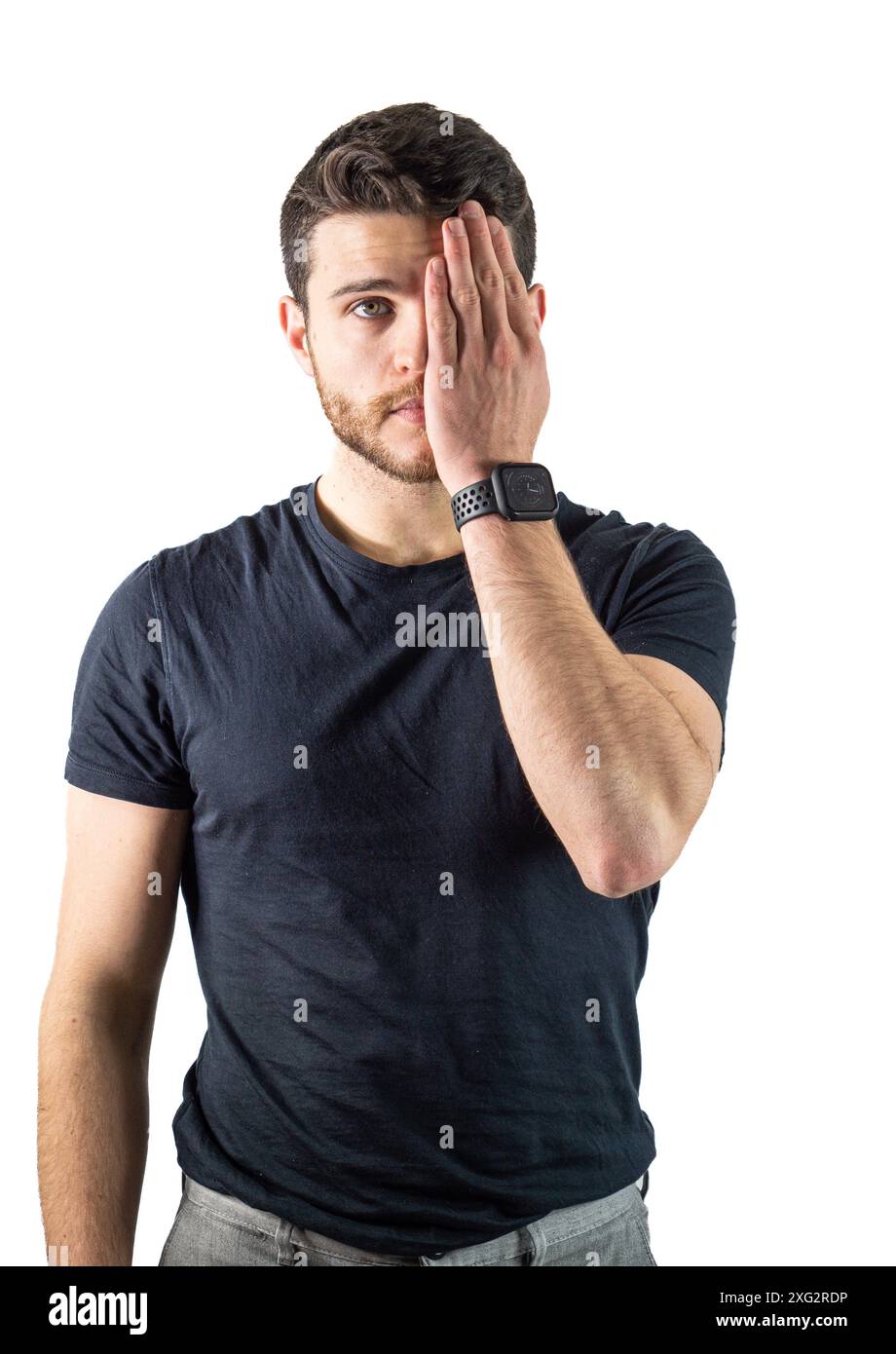 A man is seen with his face and one eye covered by his hand in a ...