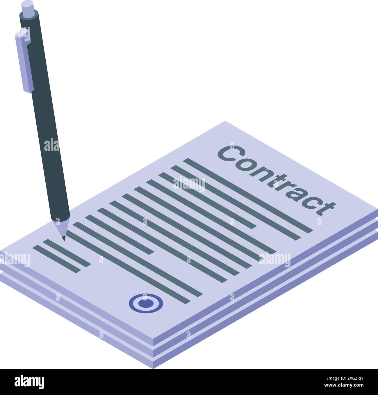 This isometric illustration depicts a pen signing a contract document ...