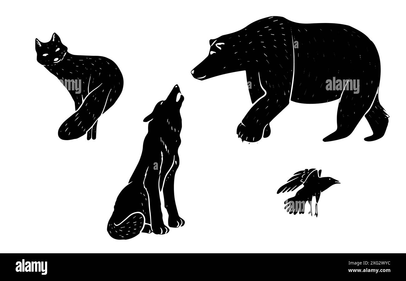 Set of linocut animals, fox, bear, wolf, raven isolated Stock Vector ...