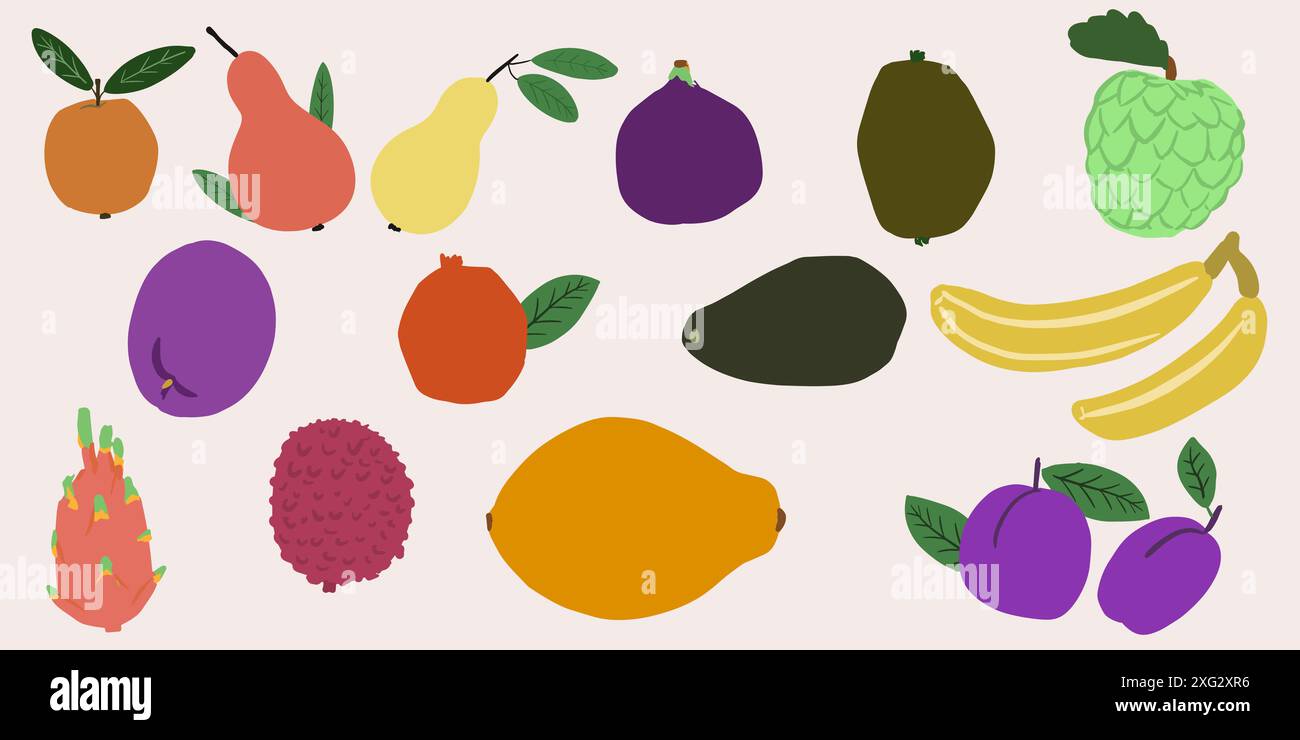 Sweet fruits. Vector cartoon flat set. Pear, avocado, banane, plum ...