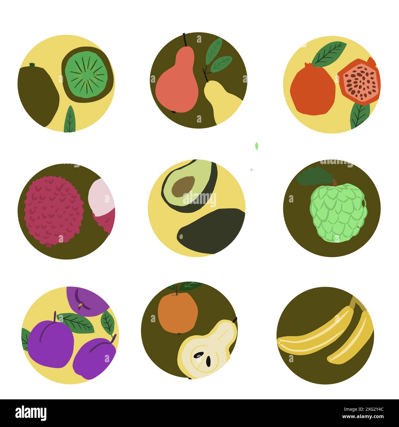 Sweet fruits. Vector cartoon flat set. Dragon fruits, pear, avocado ...