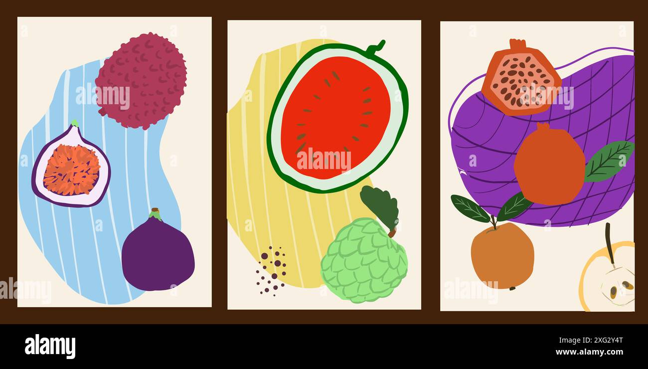 Set of posters with exotic fruits, watermelon, fig, lychee, appleflat ...