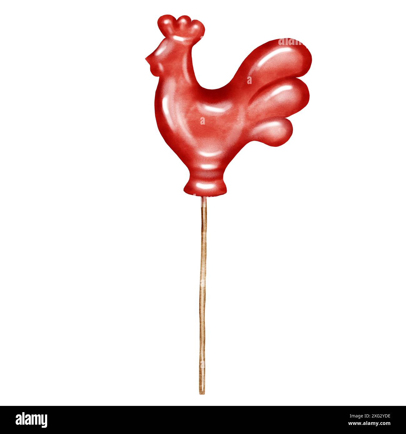 Candy lollipop cockerel watercolor. Red caramel sweet on a wooden stick ...