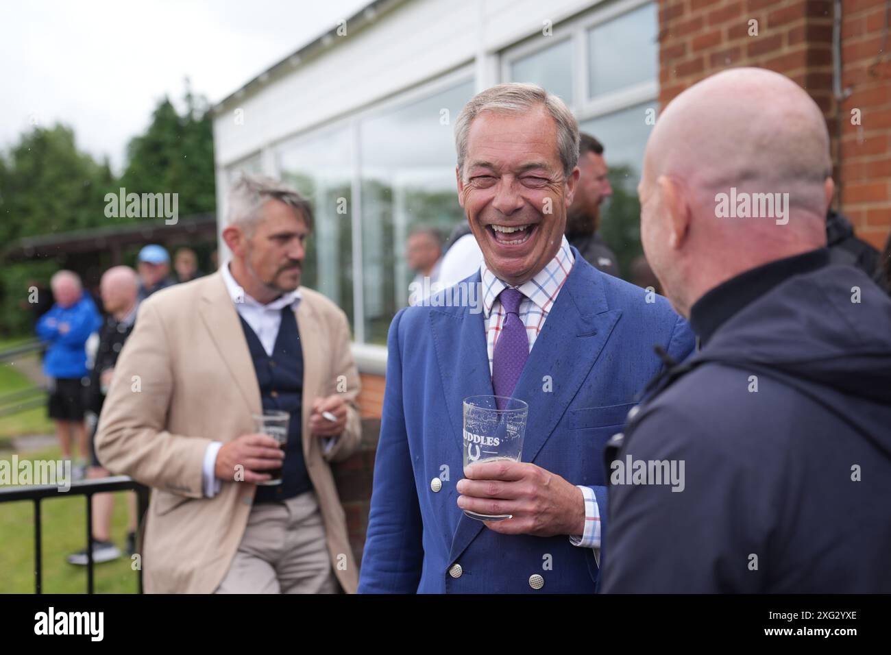 Reform UK leader Nigel Farage during a visit to Wyldecrest Sports ...