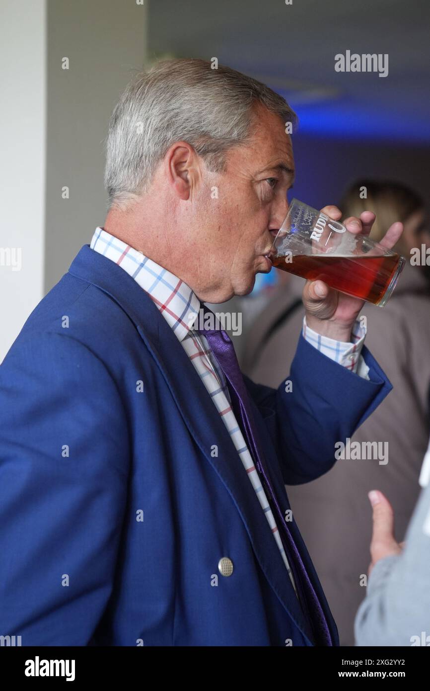 Reform UK leader Nigel Farage during a visit to Wyldecrest Sports ...