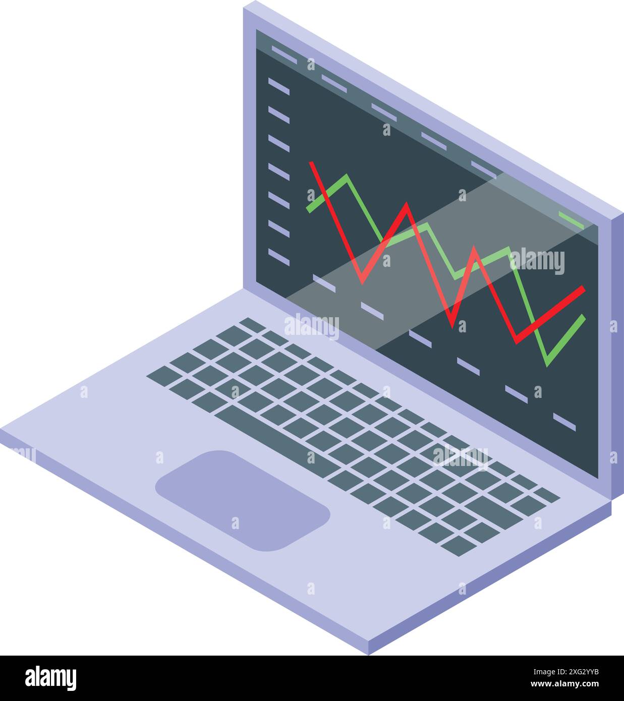 Laptop displaying a stock market data chart with green and red lines ...