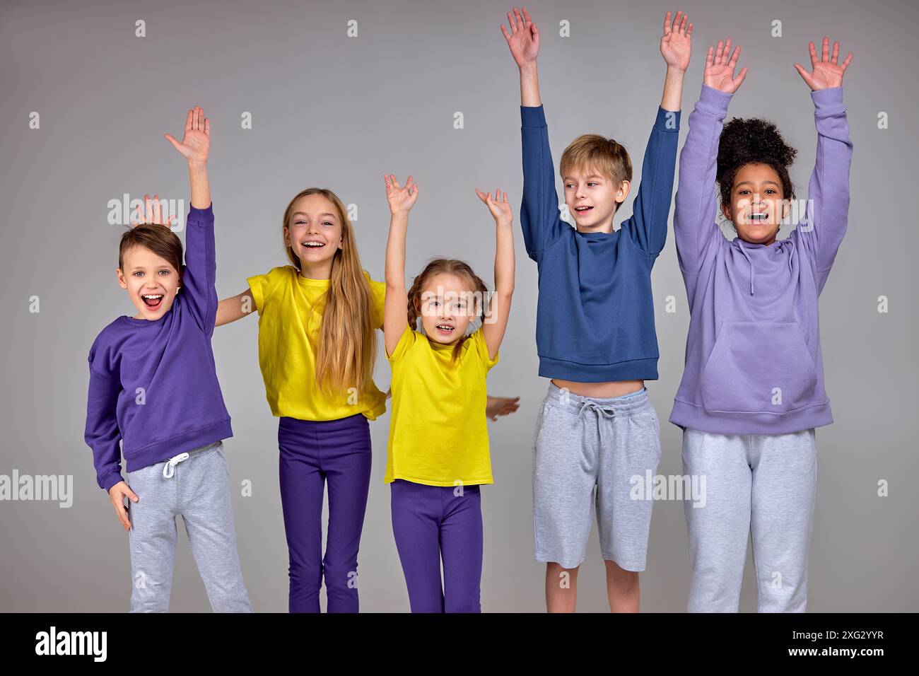 happy little children enjoys time happiness isolated grey background ...