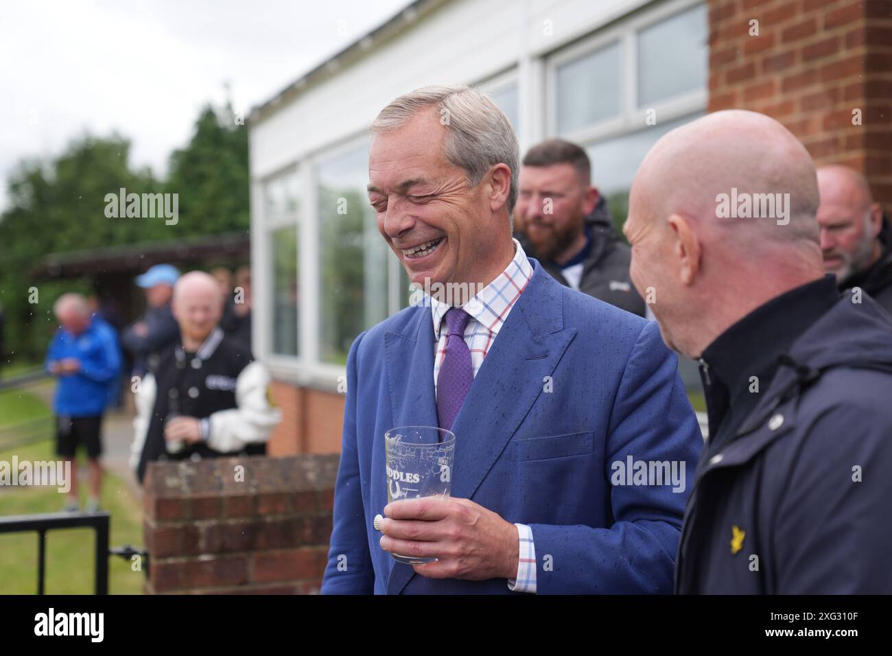 Reform UK leader Nigel Farage during a visit to Wyldecrest Sports ...