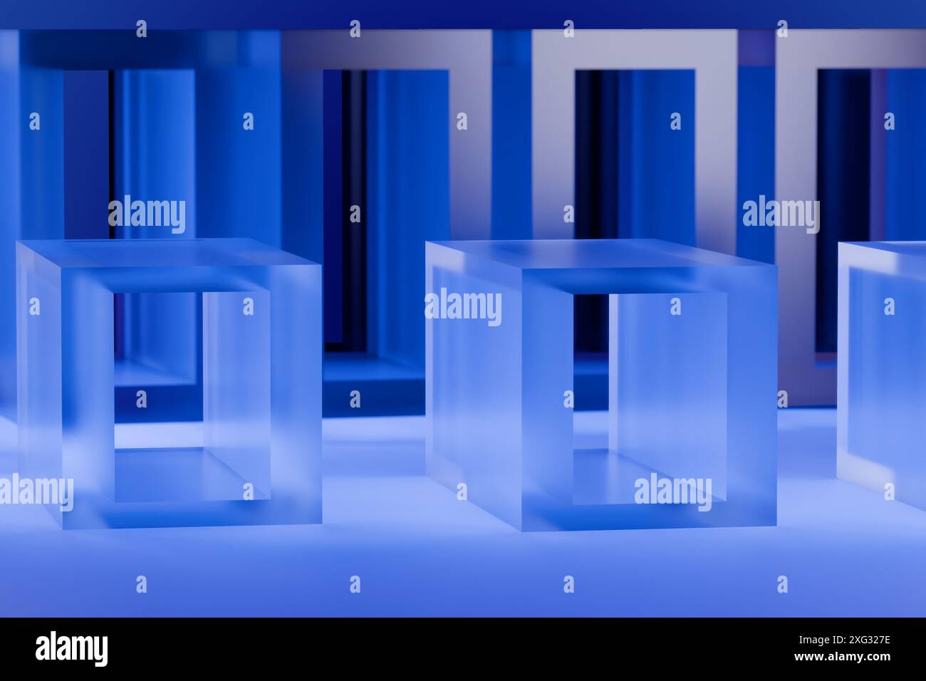 Transparent glass geometric shapes on a reflective surface with a blue ...