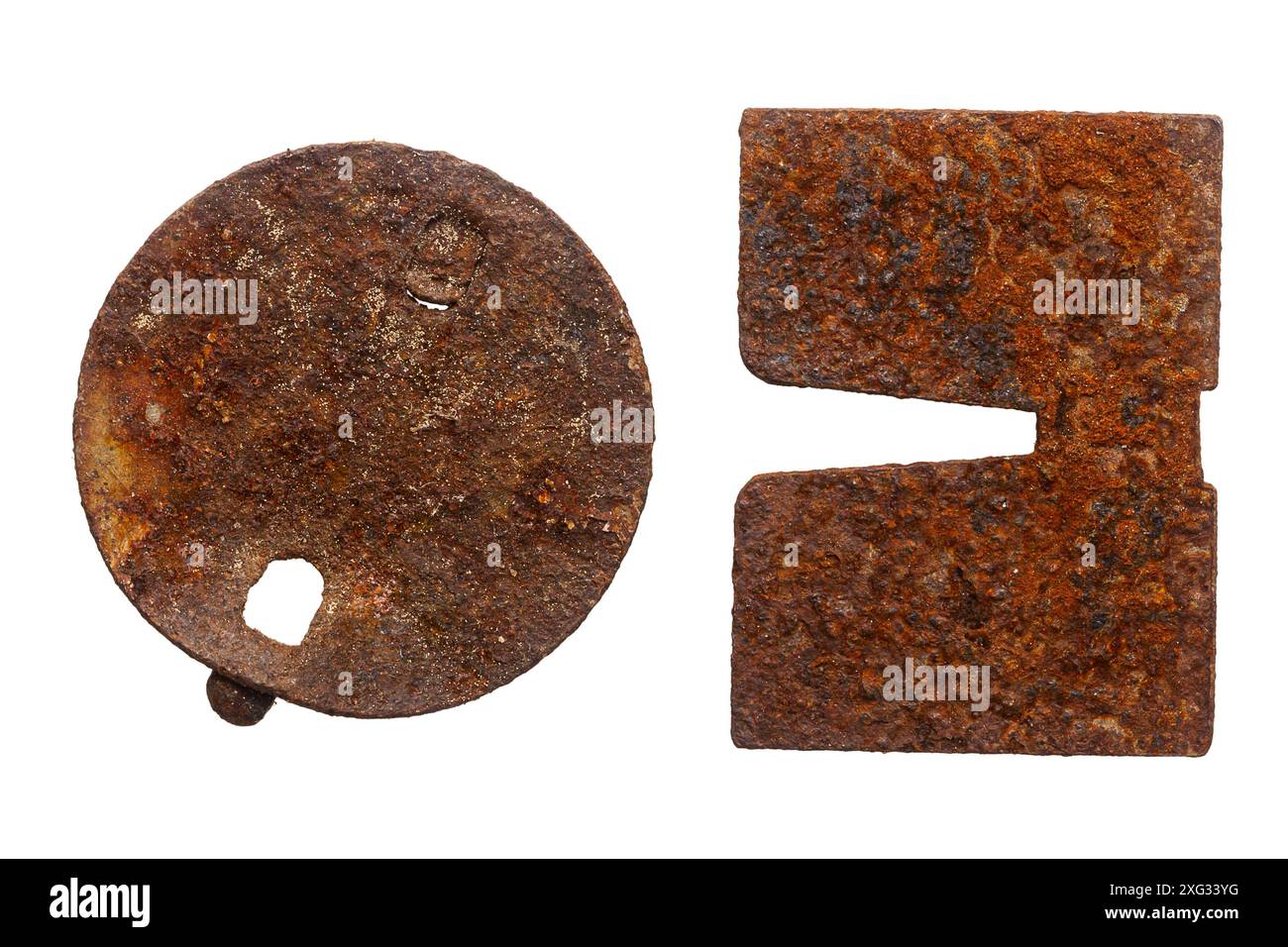 Two old rusty iron details isolated on white background Stock Photo - Alamy