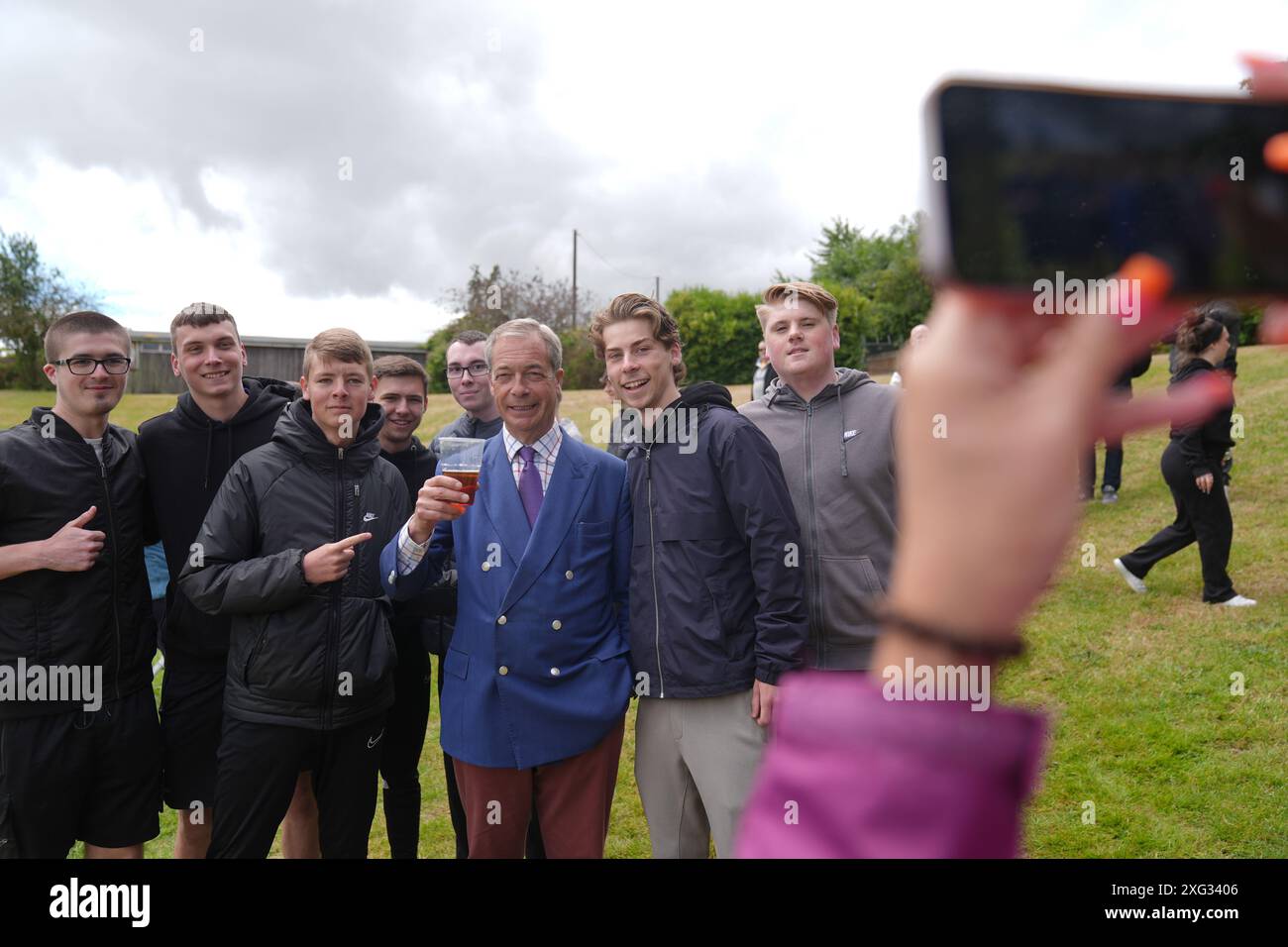 Reform UK leader Nigel Farage during a visit to Wyldecrest Sports ...