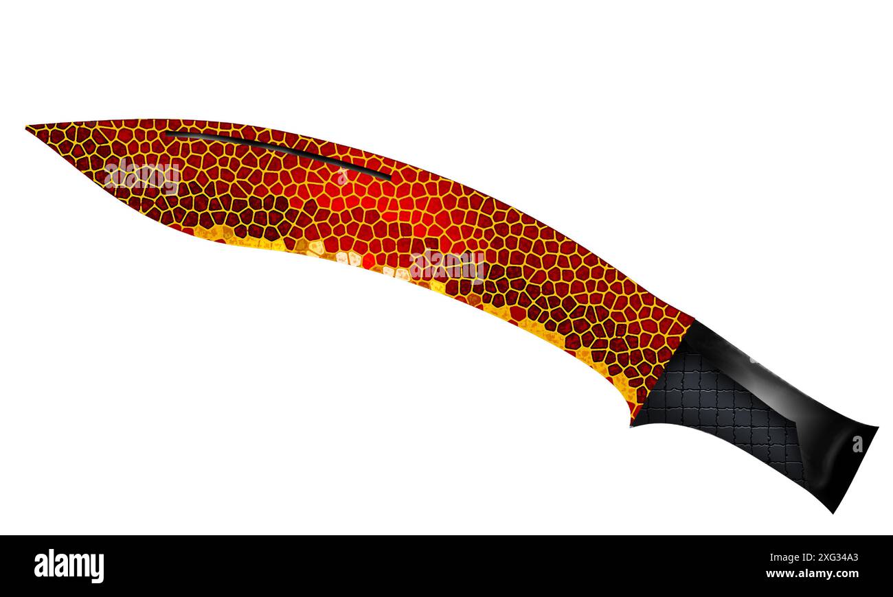An illustration of a rough-textured, ceramic-designed, lava-red kukri ...