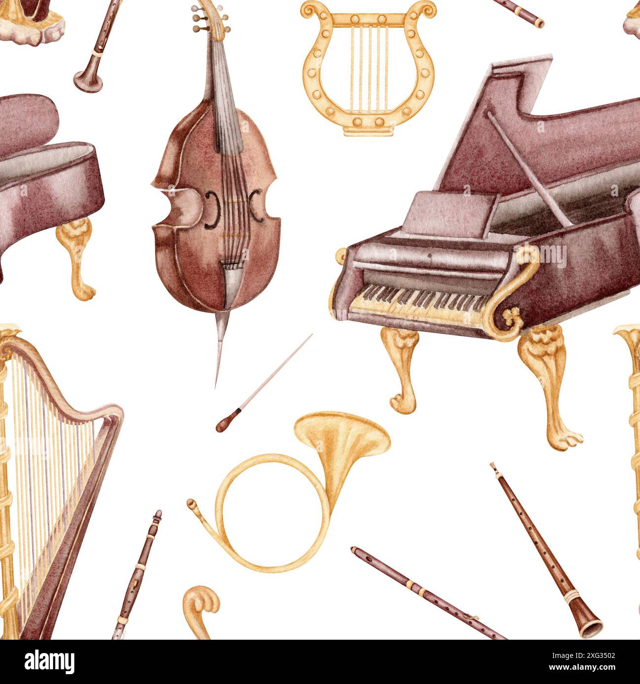 Classical music instruments seamless pattern. Contrabass and Harp with ...