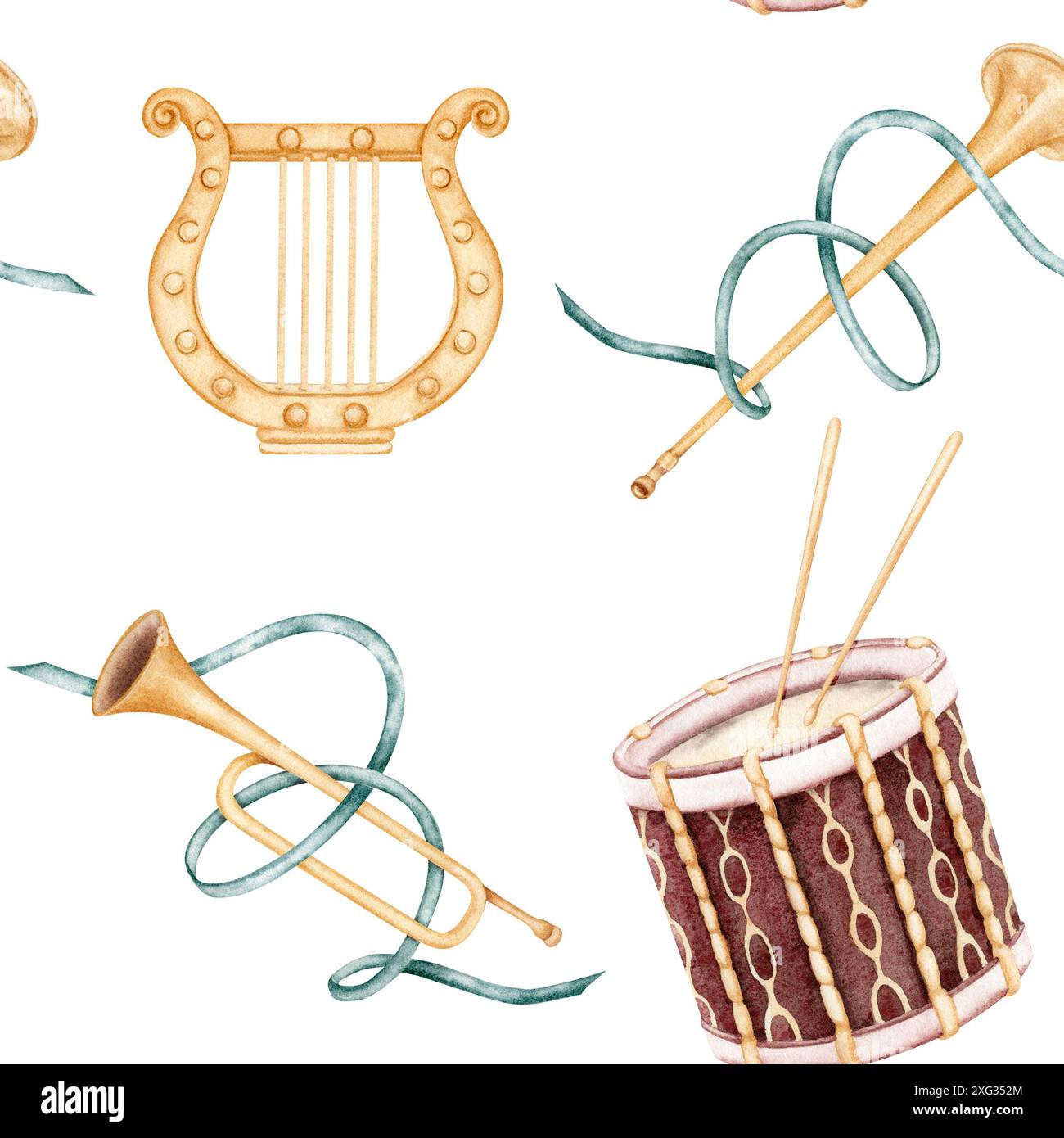 Seamless pattern with antique musical instruments. Lyre, drum with ...