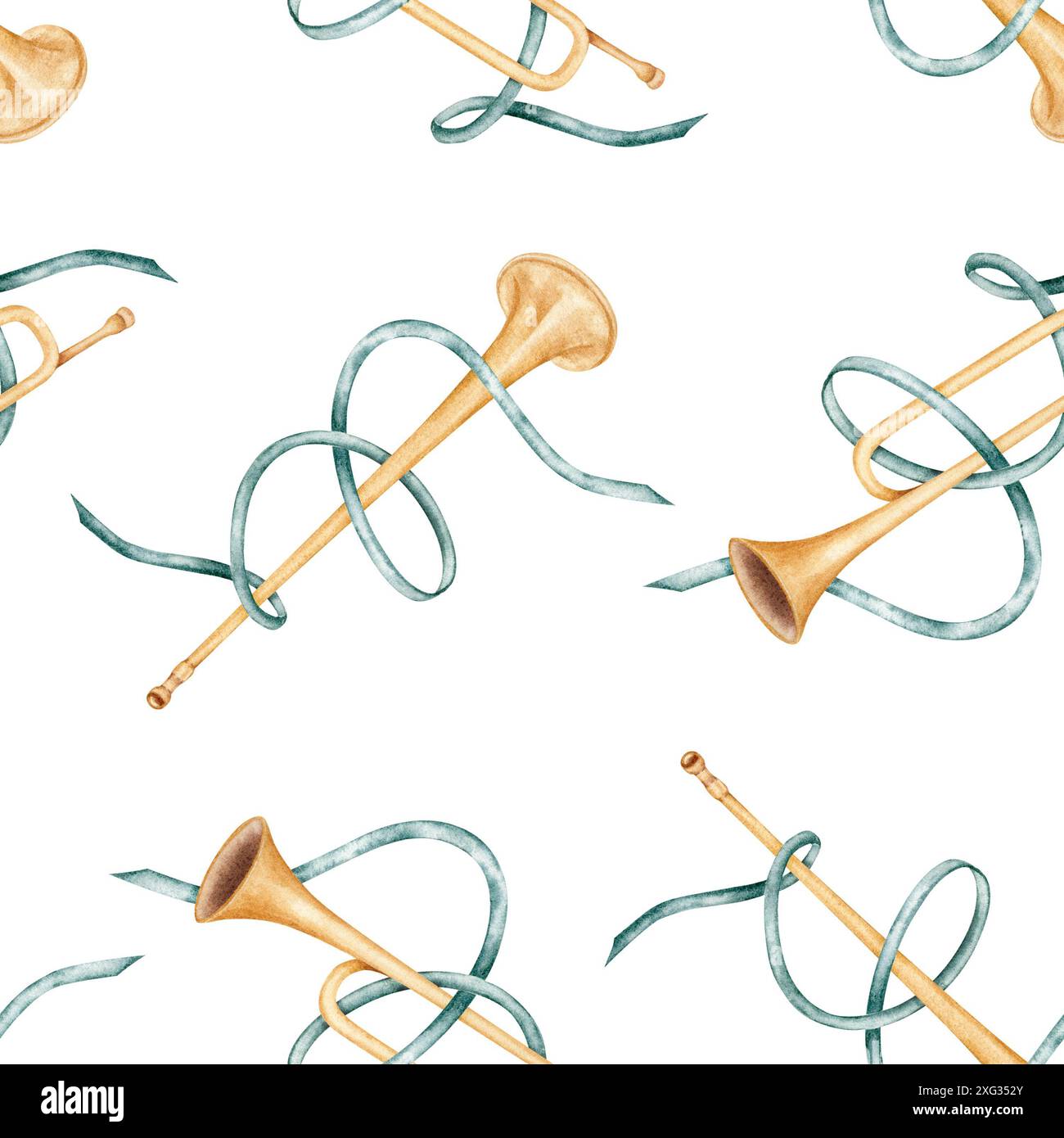 Seamless pattern with antique musical instruments. Brass wind fanfare ...