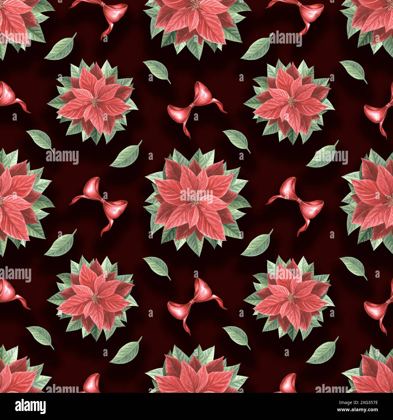 Poinsettia red flowers with leaves and bow. Christmas seamless pattern ...