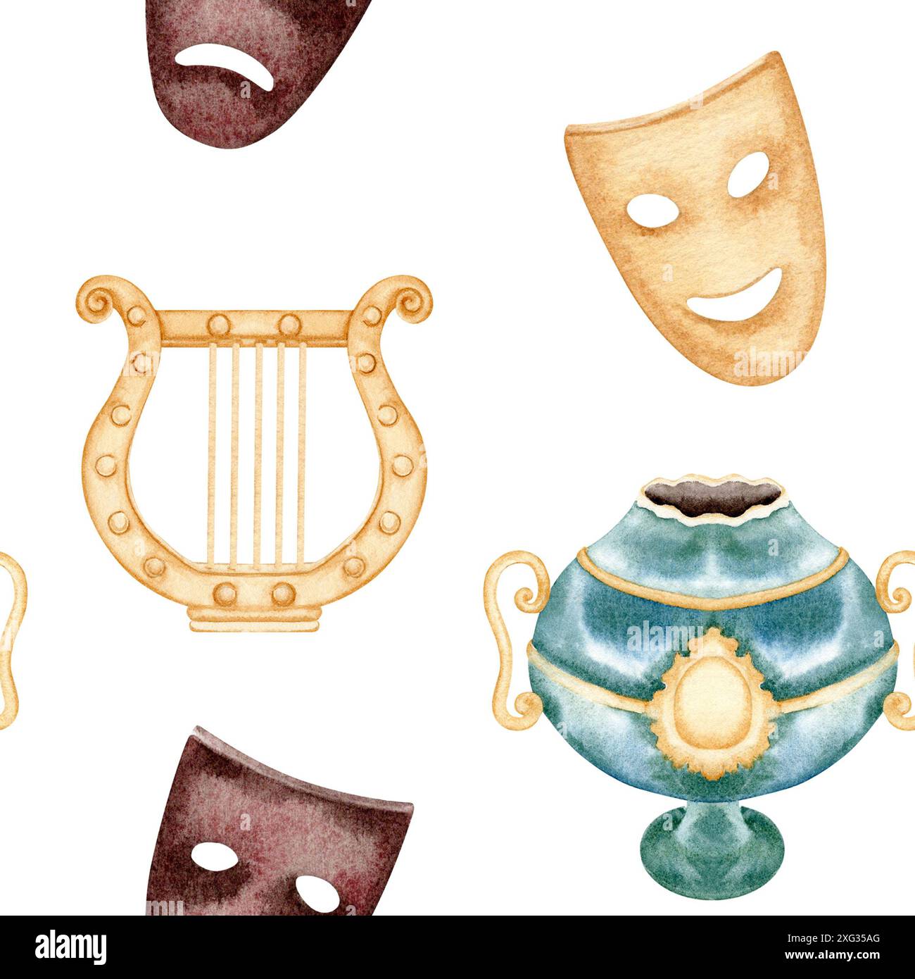 Seamless pattern with theatre comedy and tragedy masks, antique vase ...