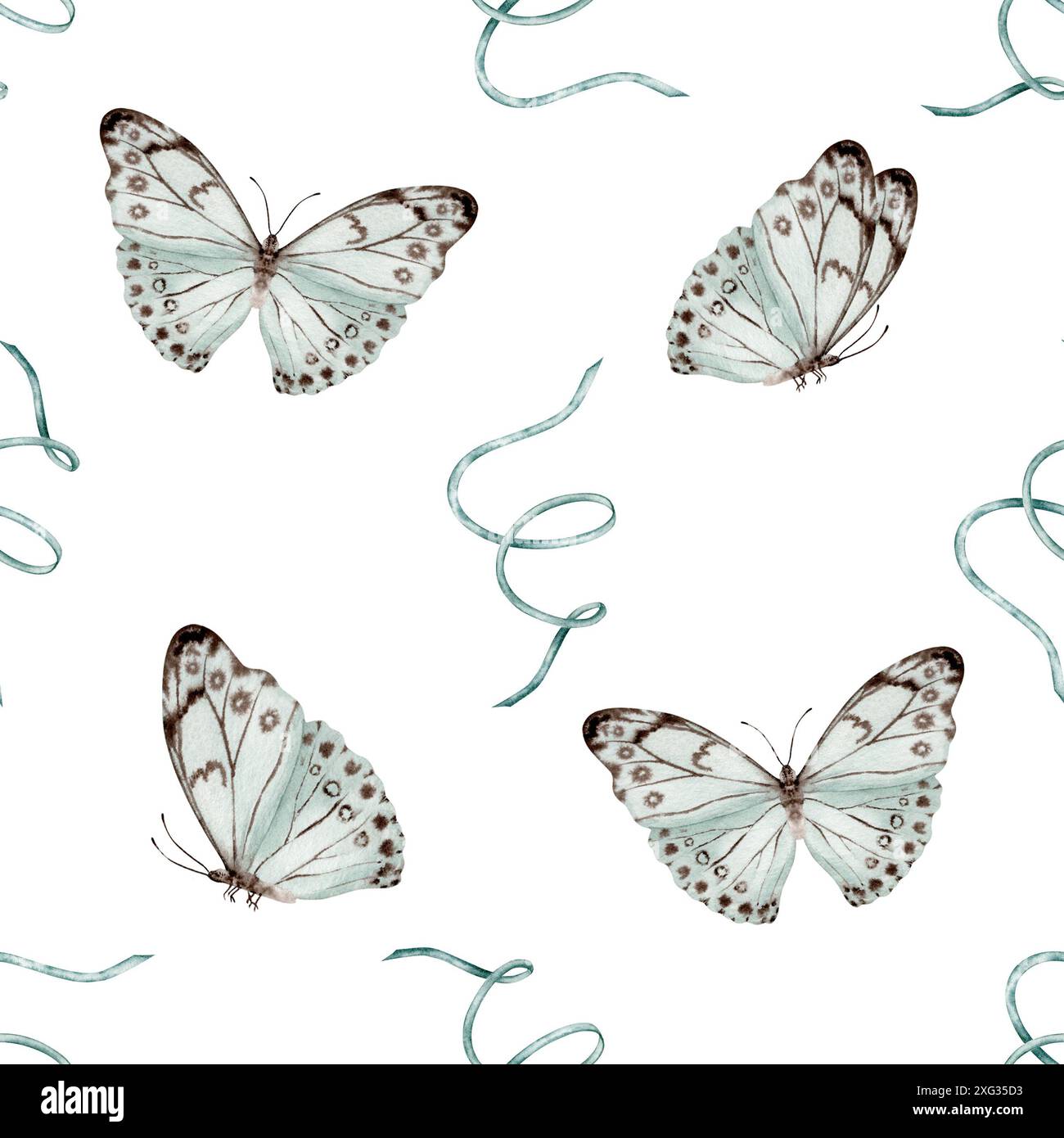 Stylish seamless pattern with light blue butterflies and silk ribbons ...