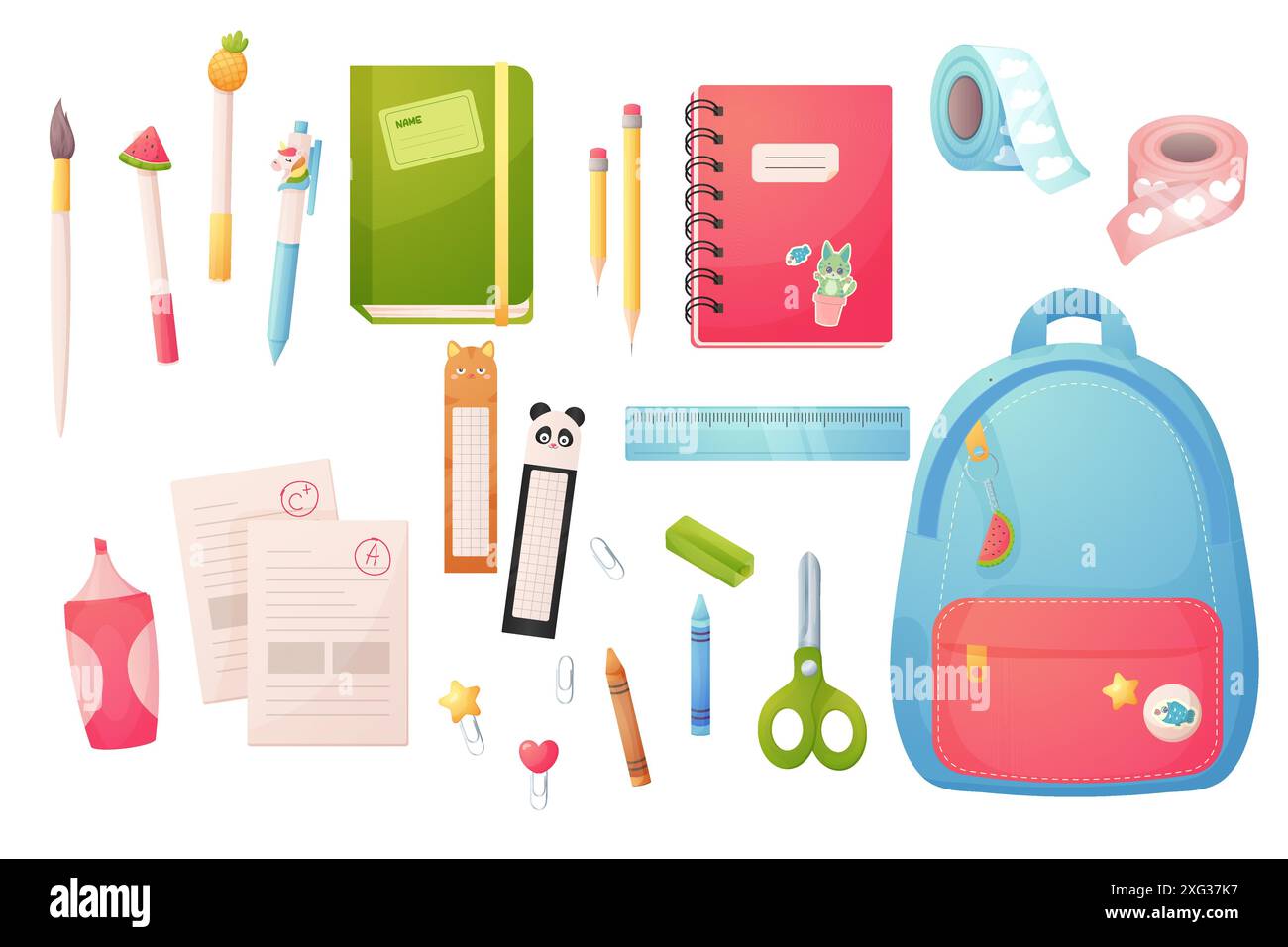 A set of stationery and school supplies. Cartoon. Back to school ...