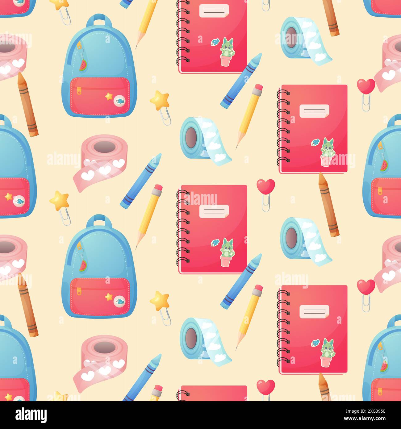 Seamless pattern, school supplies. Cartoon, vector. back to school ...