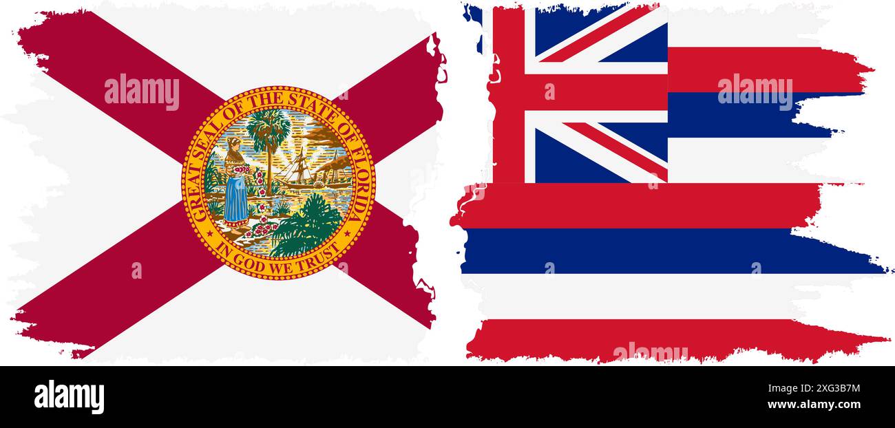 Hawaii and Florida states grunge brush flags connection, vector Stock ...