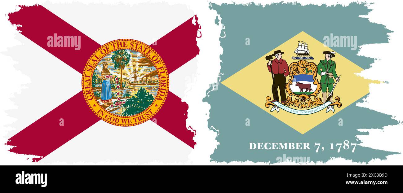Delaware and Florida states grunge brush flags connection, vector Stock ...
