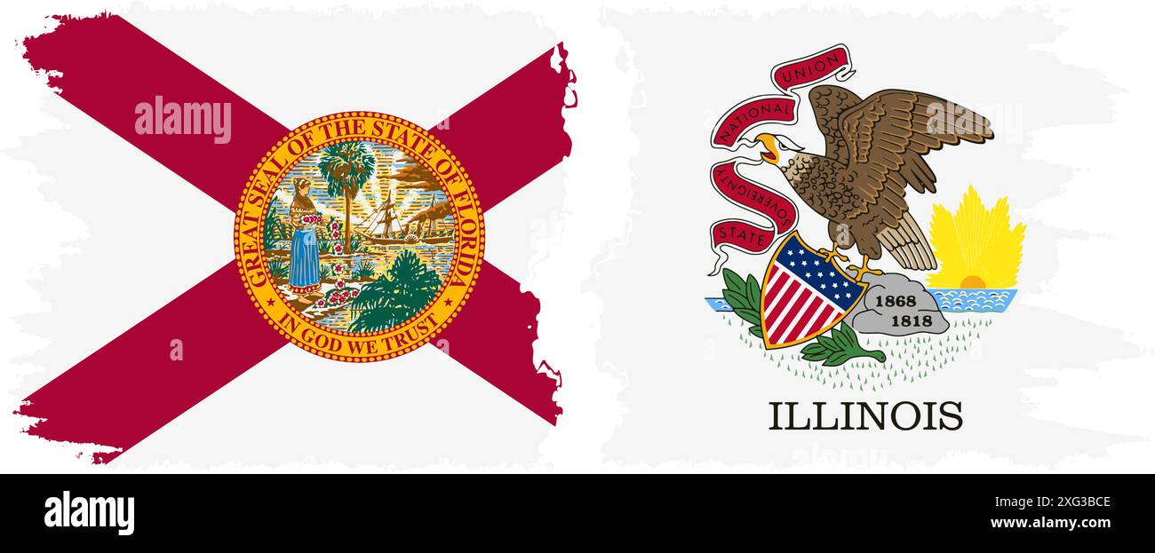 Illinois and Florida states grunge brush flags connection, vector Stock ...
