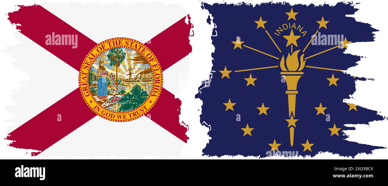 Indiana and Florida states grunge brush flags connection, vector Stock ...