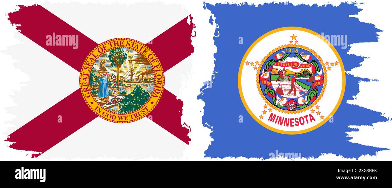 Minnesota and Florida states grunge brush flags connection, vector old ...