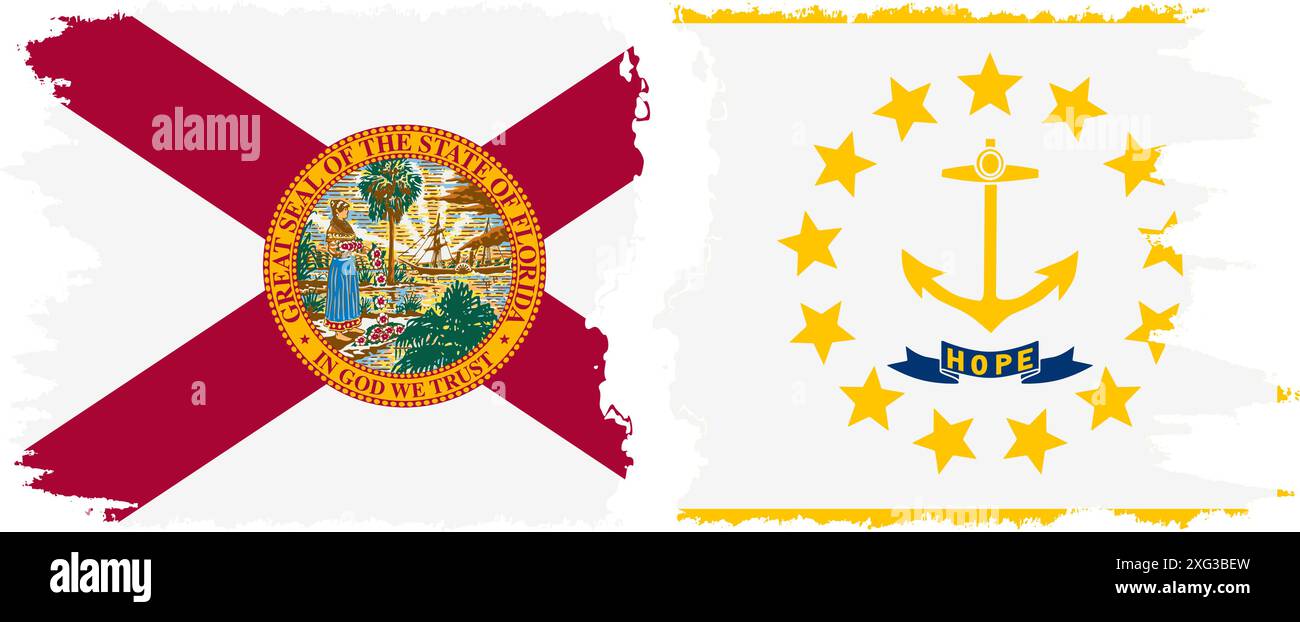 Rhode Island and Florida states grunge brush flags connection, vector ...