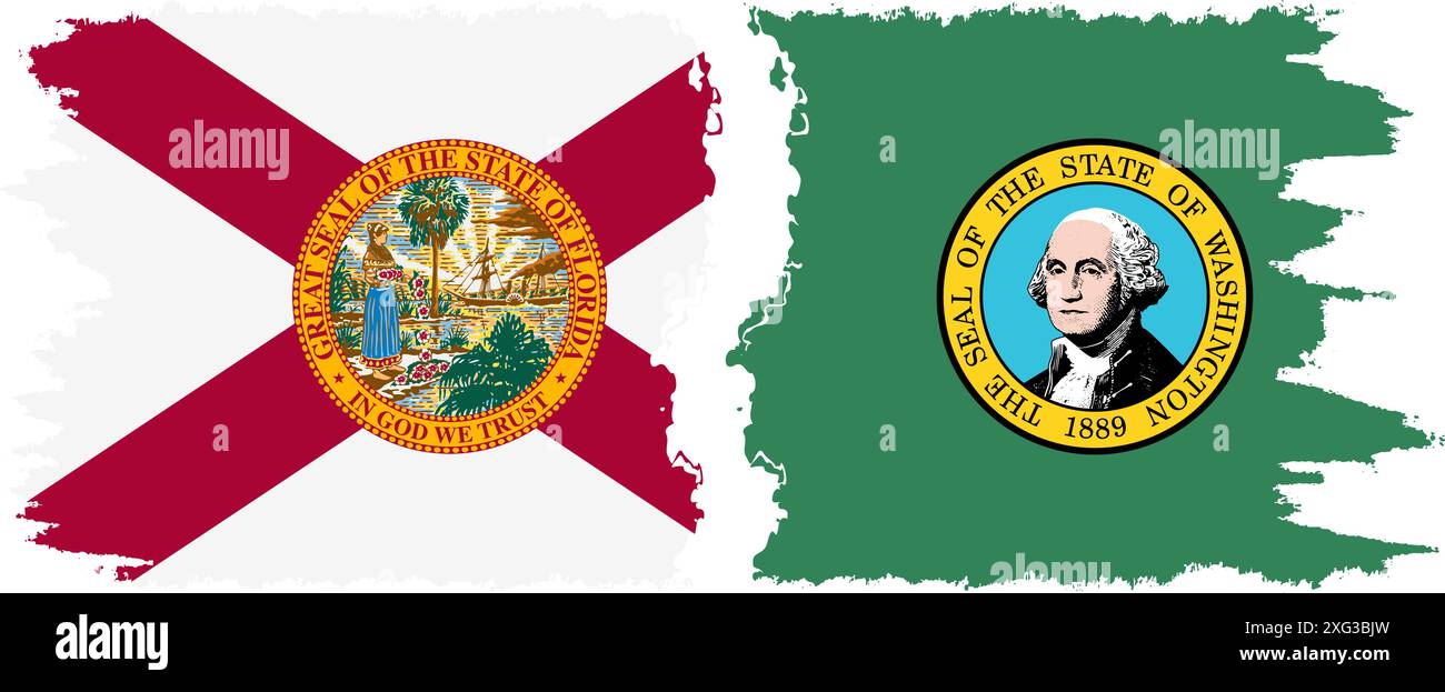 Washington and Florida states grunge brush flags connection, vector ...
