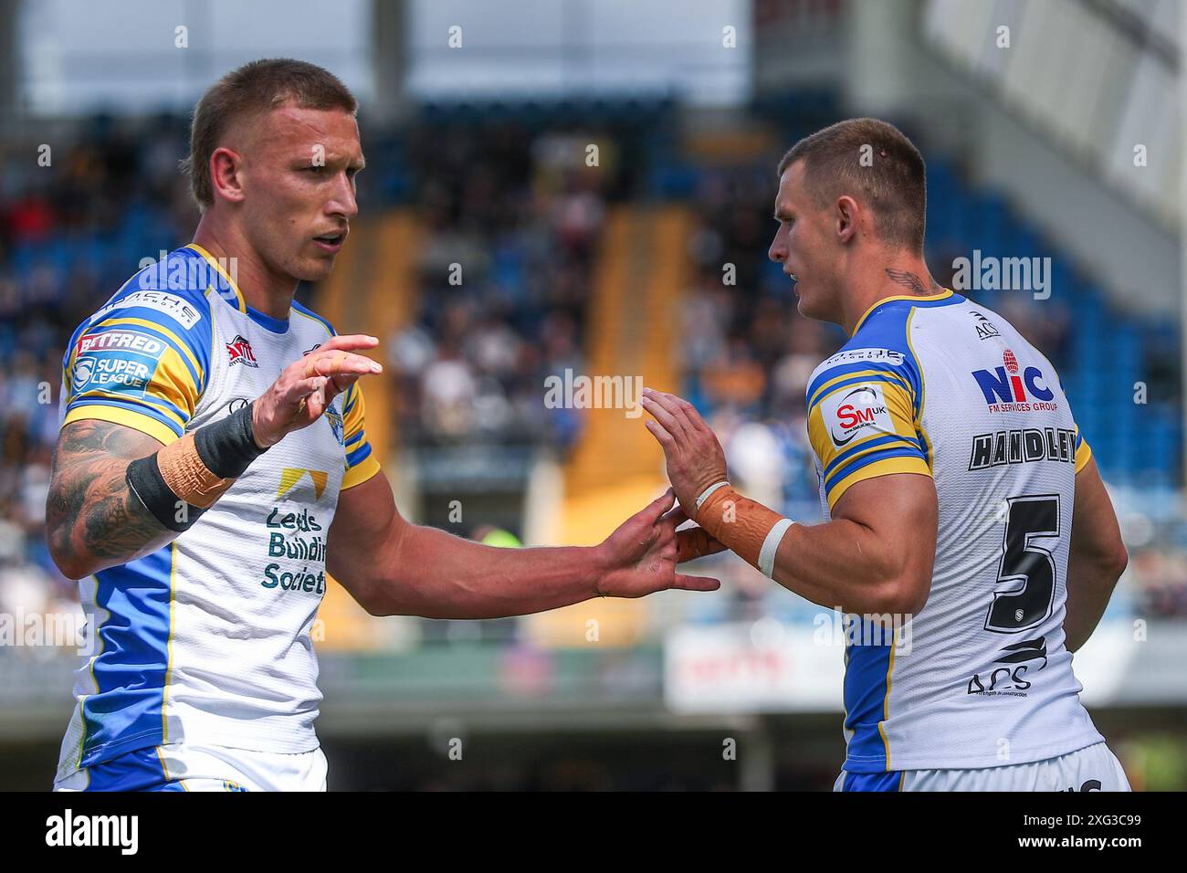 Leeds, UK. 06th July, 2024. Ash Handley of Leeds Rhinos celebrates his ...